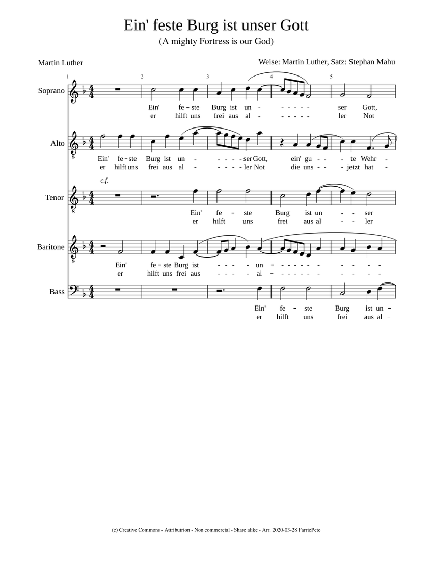 Ein feste Burg ist unser Gott Sheet music for Bass guitar (Church Choir) | Musescore.com