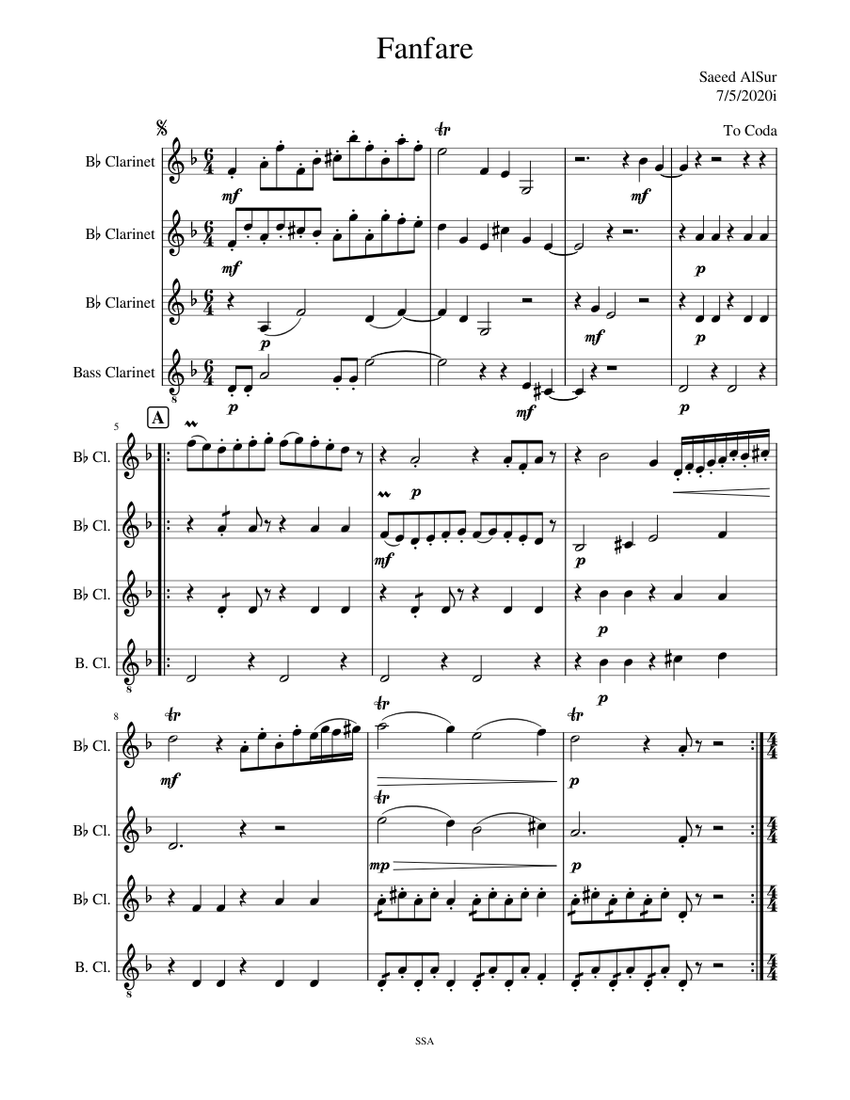 Fanfare Sheet Music for Clarinet in b-flat, Clarinet bass (Mixed ...