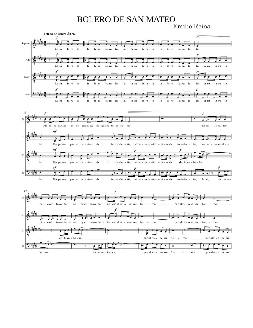 Bolero de San Mateo – Emilio Reina Sheet Music for Soprano, Alto ...