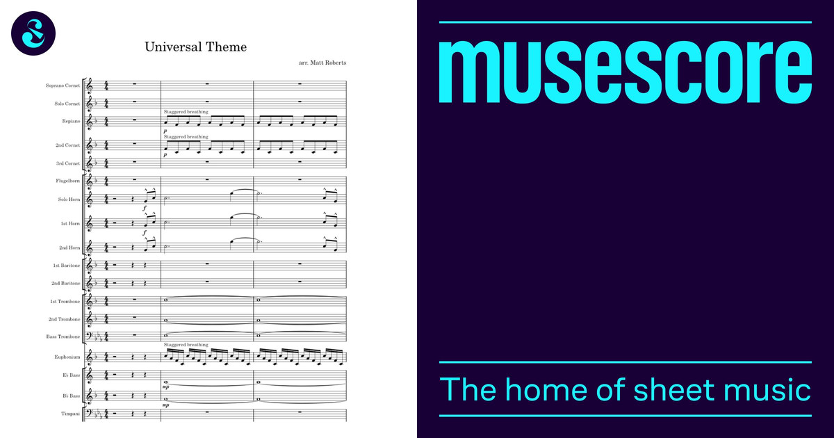 Universal Theme Sheet Music for Trombone, Tuba, French horn, Timpani ...