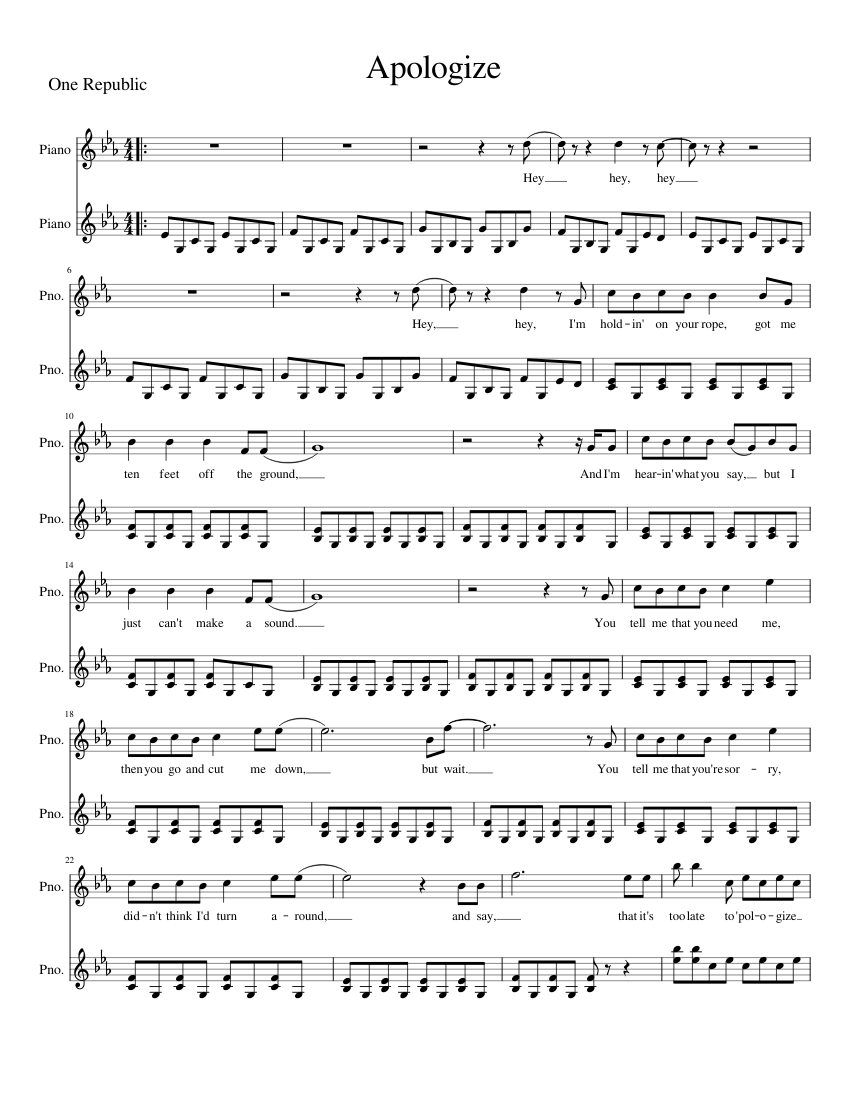 Apologize - One Republic Sheet Music for Piano (Piano Duo) | MuseScore.com