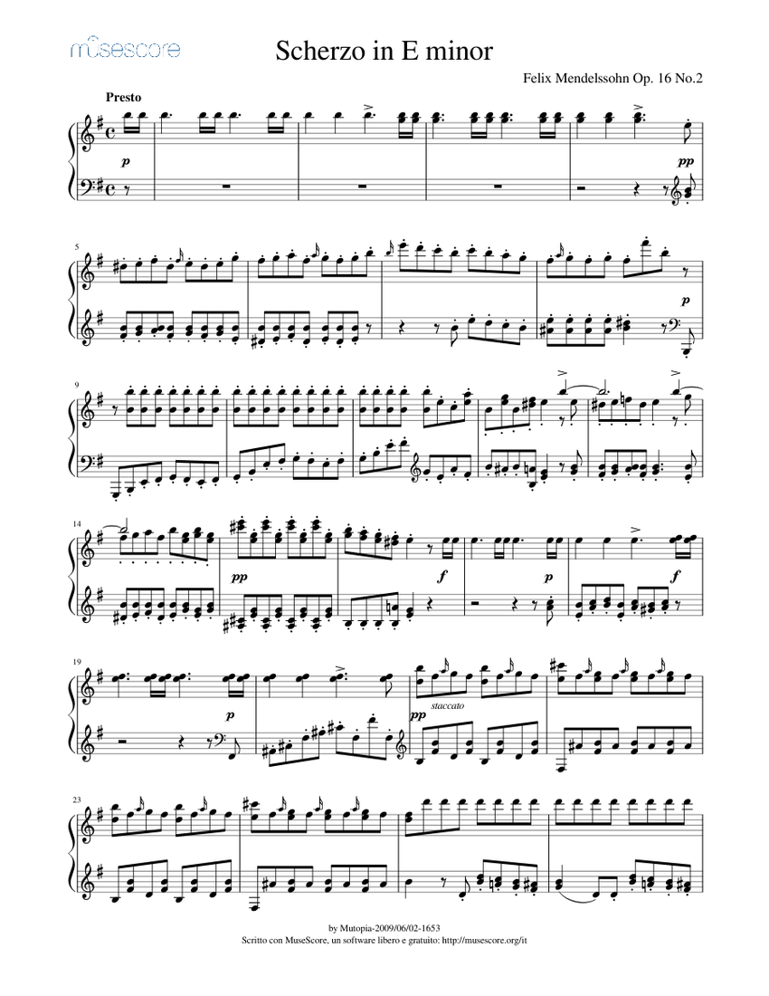 Scherzo In E Minor – Mendelssohn, Felix Sheet Music for Piano (Solo ...