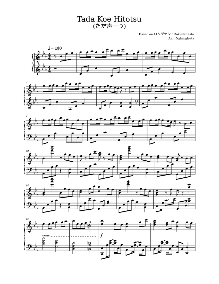 Tada Koe Hitotsu – Rokudenashi Sheet music for Piano (Solo) | Musescore.com