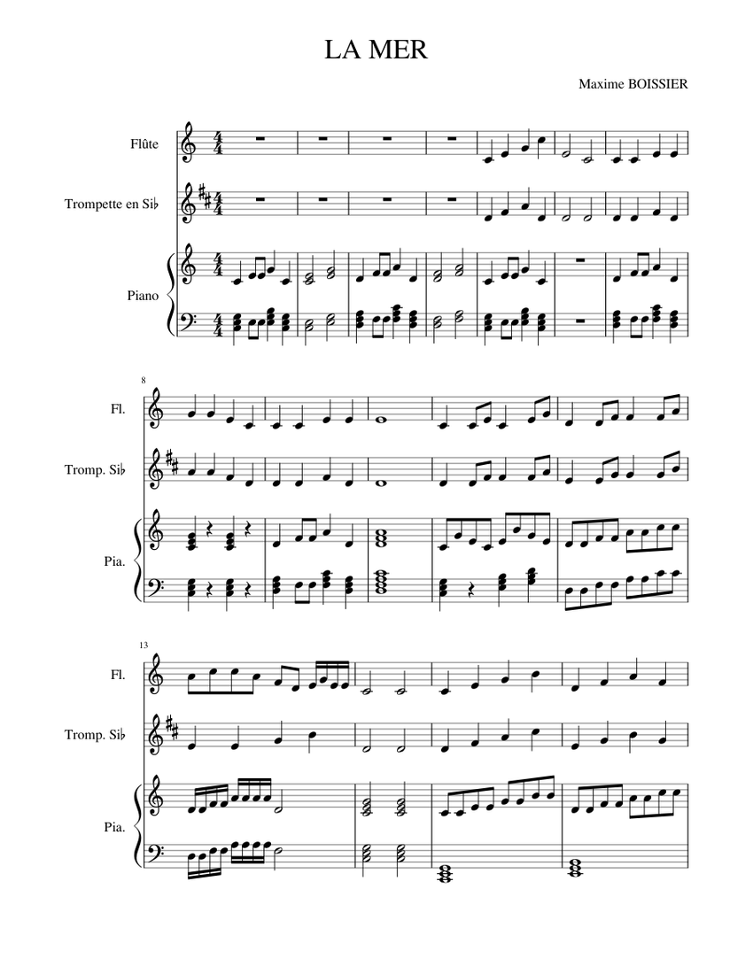 LA MER Sheet music for Piano, Flute, Trumpet in b-flat (Mixed Trio ...