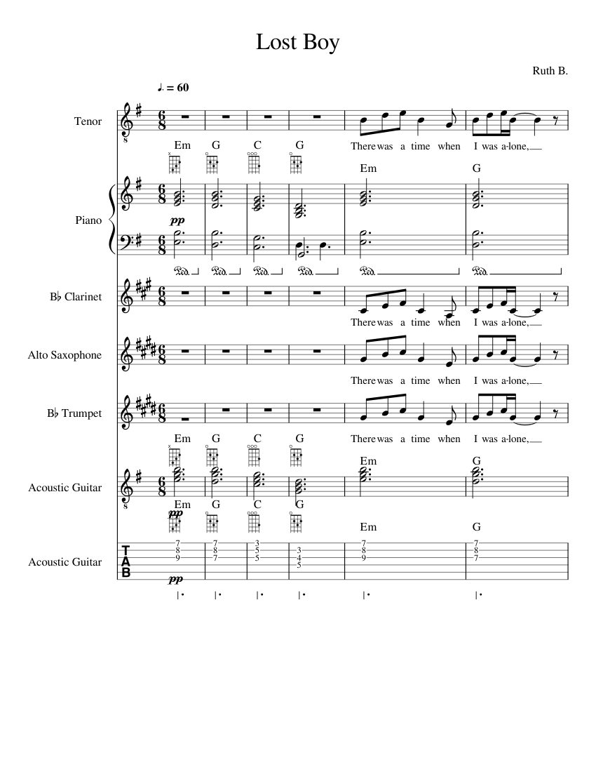 Lost Boy Sheet music for Piano, Tenor, Clarinet in b-flat, Saxophone ...