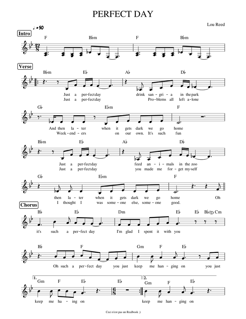 Perfect Day (Lou Reed) lead sheet Sheet music for Piano (Solo) Easy ...