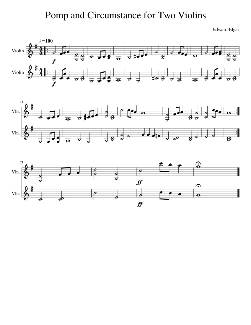 Graduation Walk from the "Pomp and Circumstance" for Two Violins Sheet ...