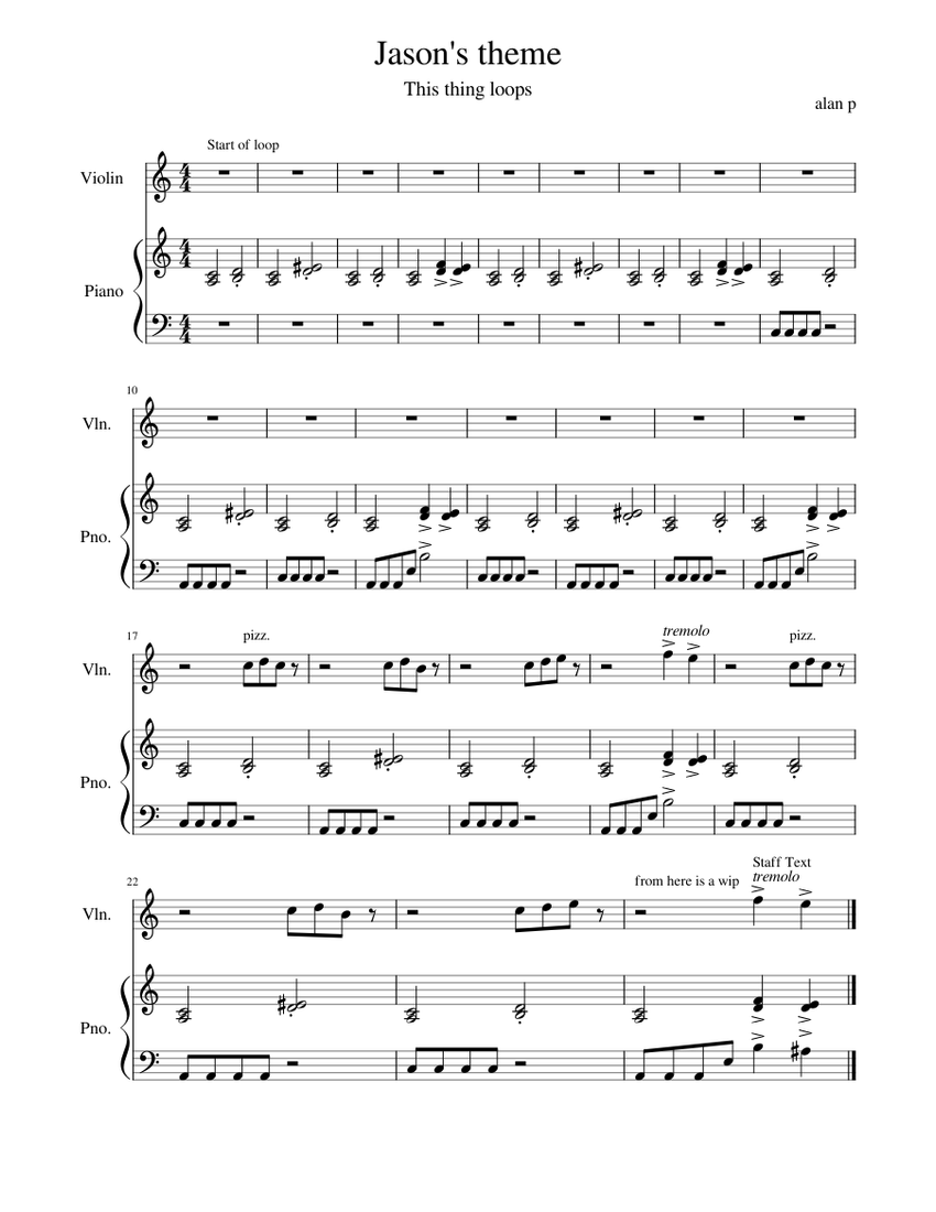 Jason's theme wip Sheet music for Piano, Violin (Mixed Duet ...