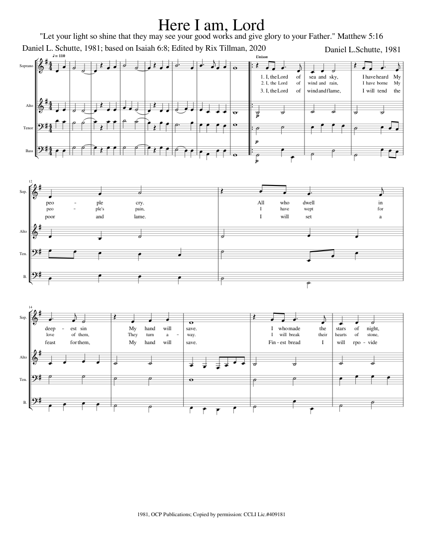Here I Am, Lord - Daniel L. Schutte Sheet Music for Bass guitar (Solo ...