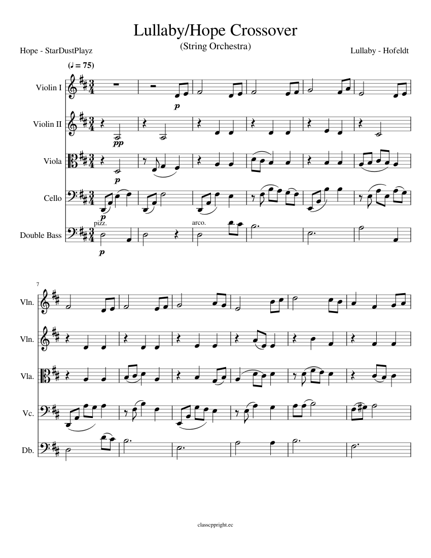 Lullaby/Hope Mashup Sheet music for Contrabass, Violin, Viola, Cello ...