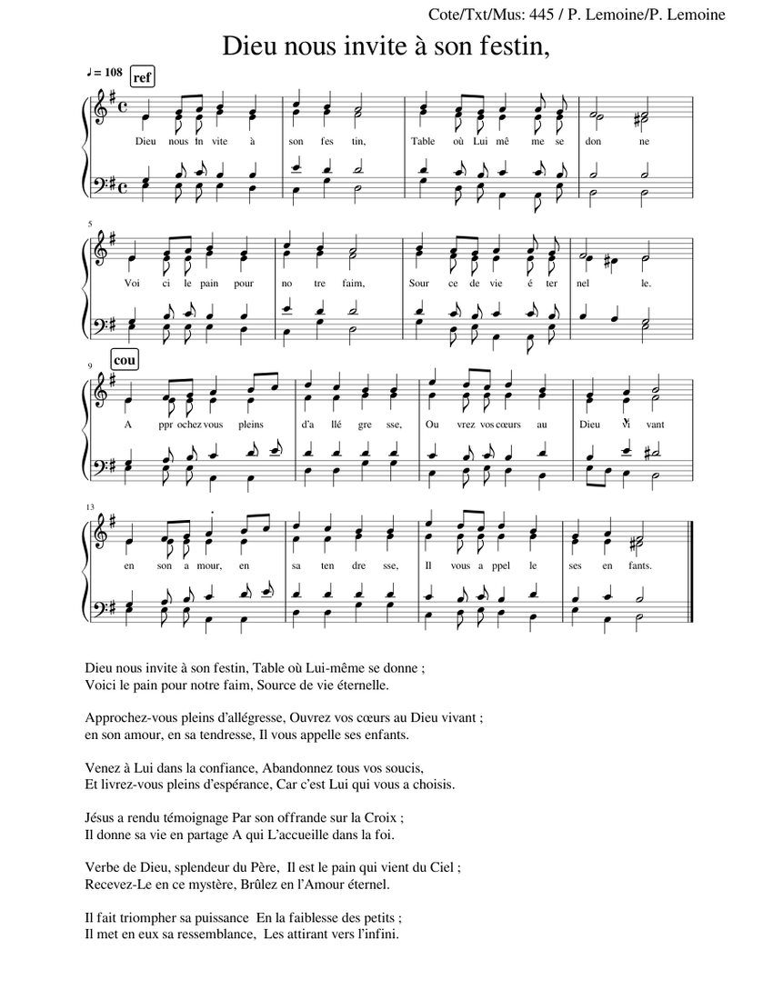 dieu nous invite a son festin-445-DP-SATB Sheet music for Piano (SATB ...