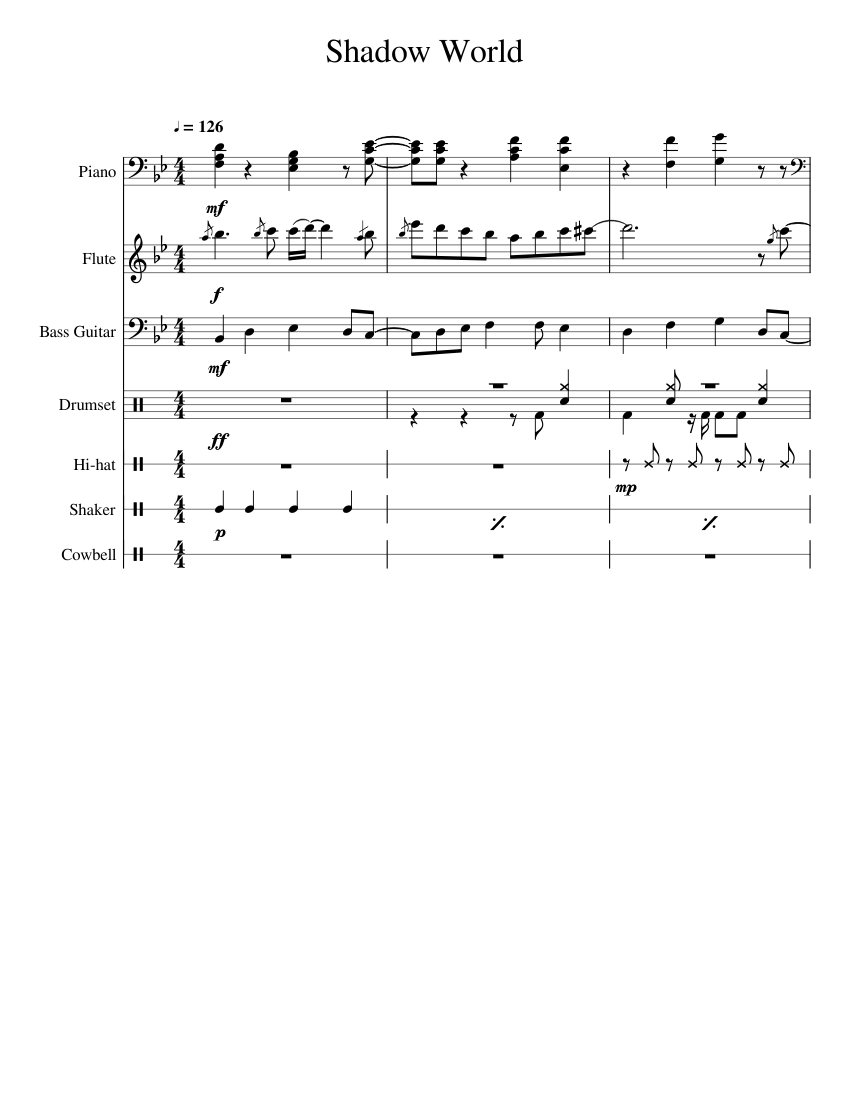Shadow World Sheet Music for Piano, Flute, Bass guitar, Drum group ...
