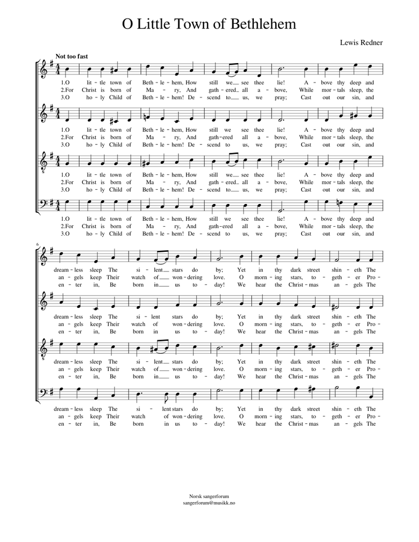 O Little Town of Bethlehem Sheet Music for Soprano, Alto, Tenor, Bass ...