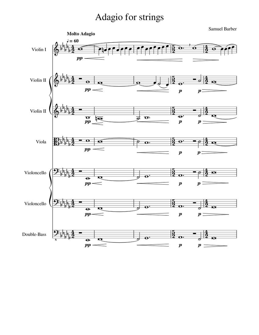 Adagio for Strings Samuel Barber 1 Sheet Music for Contrabass, Violin ...