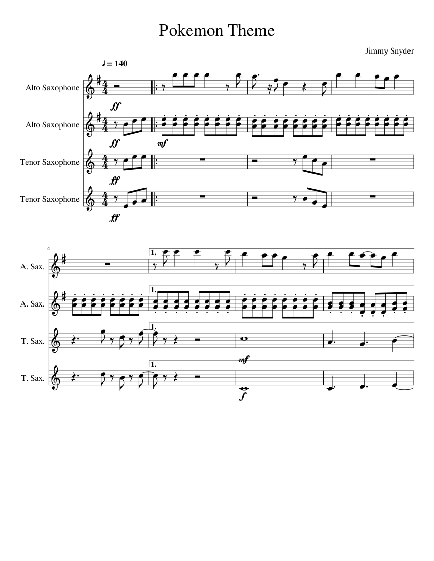 Pokemon Theme Sheet Music for Saxophone alto, Saxophone tenor (Woodwind ...