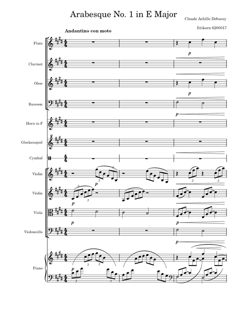 Arabesque No. 1 – Claude Debussy Arabesque L. 66 No. 1 in E Major Sheet music for Piano, Flute ...