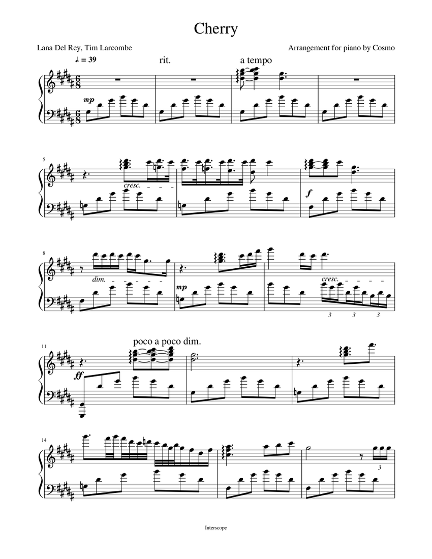 Lana Del Rey - Cherry (Piano) Sheet Music for Piano (Solo) | MuseScore.com