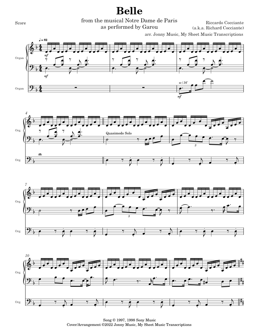 Belle - from Notre Dame de Paris – Richard Cocciante Sheet Music for ...