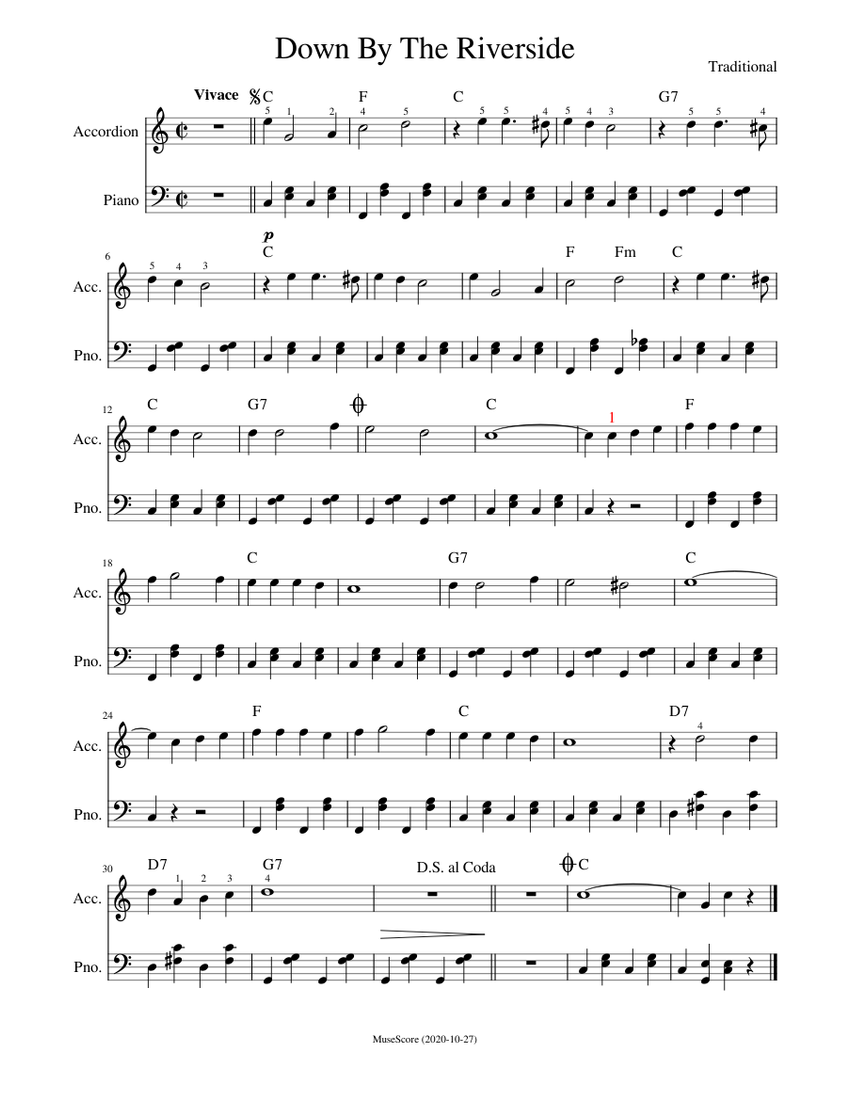 Down By The Riverside - Traditional Sheet Music with Chords for Piano ...