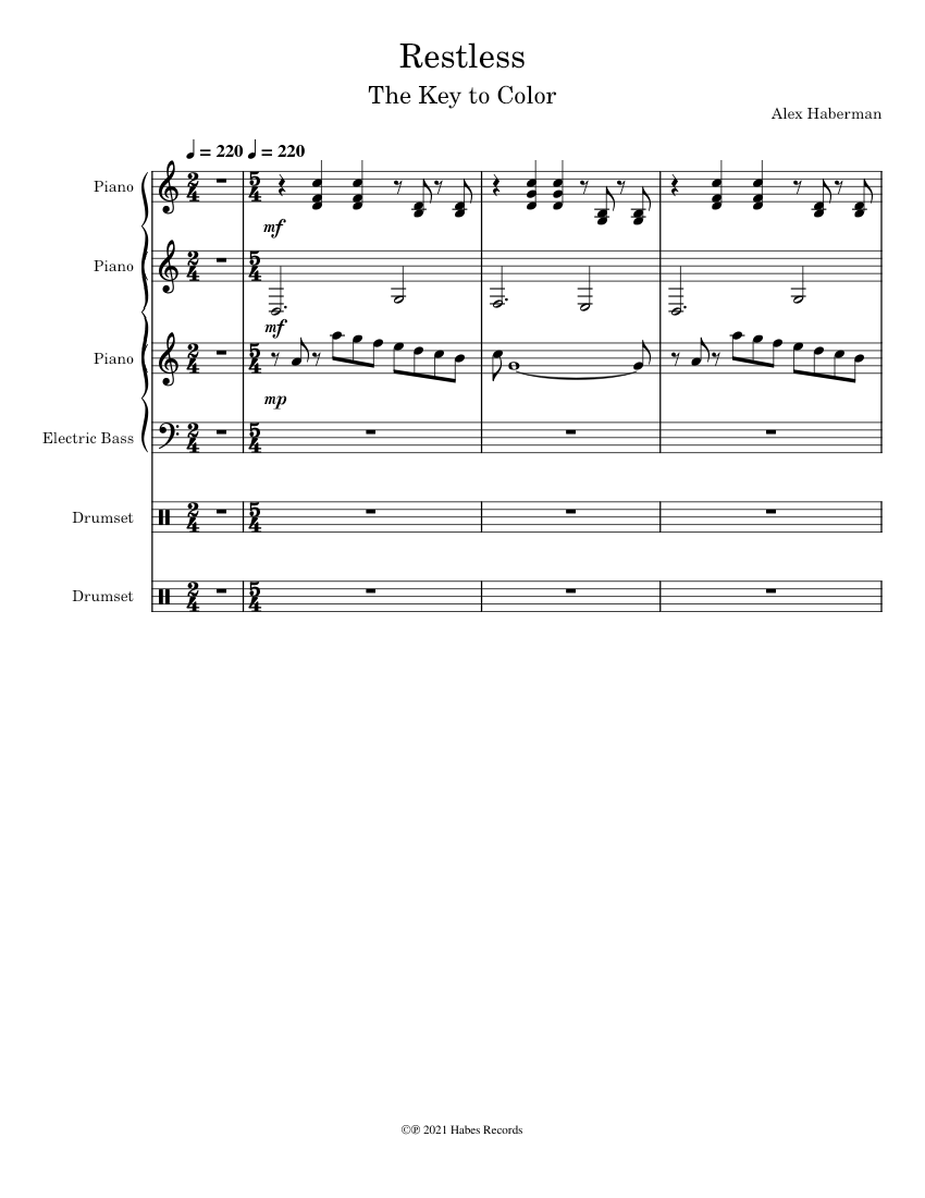 Restless (The Key to Color) Sheet music for Piano, Bass guitar, Drum ...