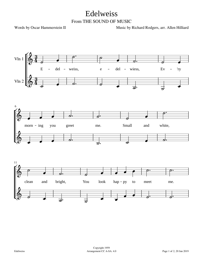 Edelweiss Sheet Music for Violin (String Duet) | MuseScore.com