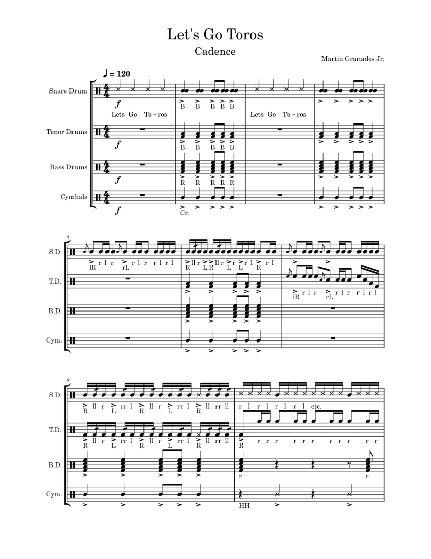 Let's Go Toros Sheet music for Snare drum, Crash, Tenor drum, Bass drum ...