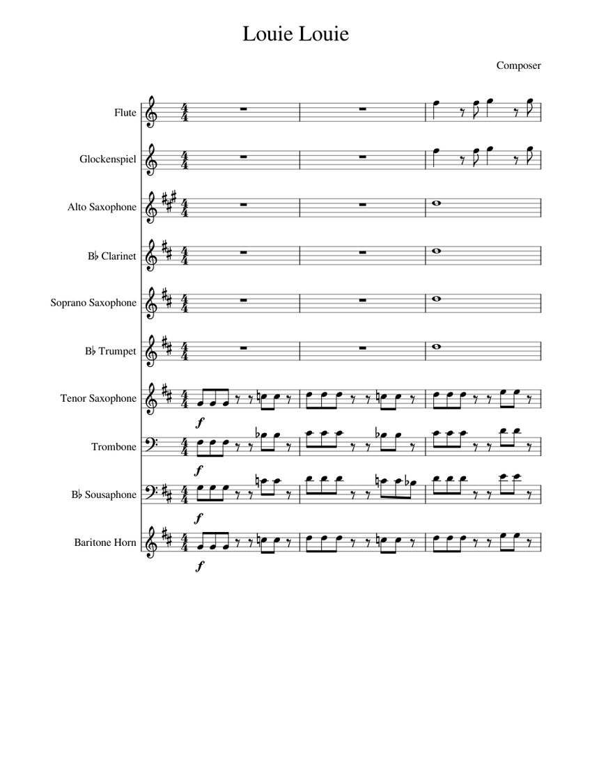 Louie Louie Sheet Music for Trombone, Flute, Clarinet in b-flat ...