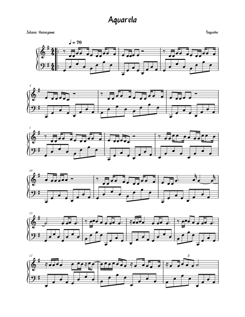 Aquarela – Toquinho Sheet Music for Piano (Solo) easy | MuseScore.com