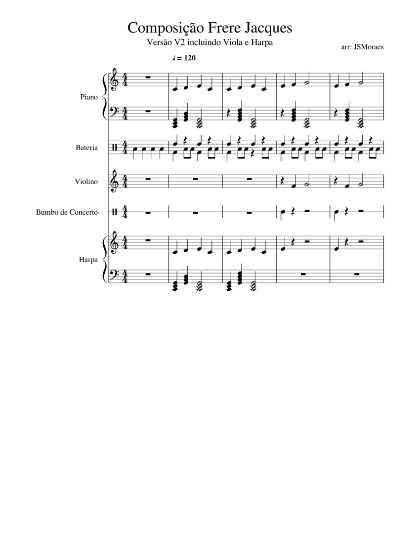 Frere Jacques - V3 Sheet music for Piano, Violin, Drum group, Bass drum ...