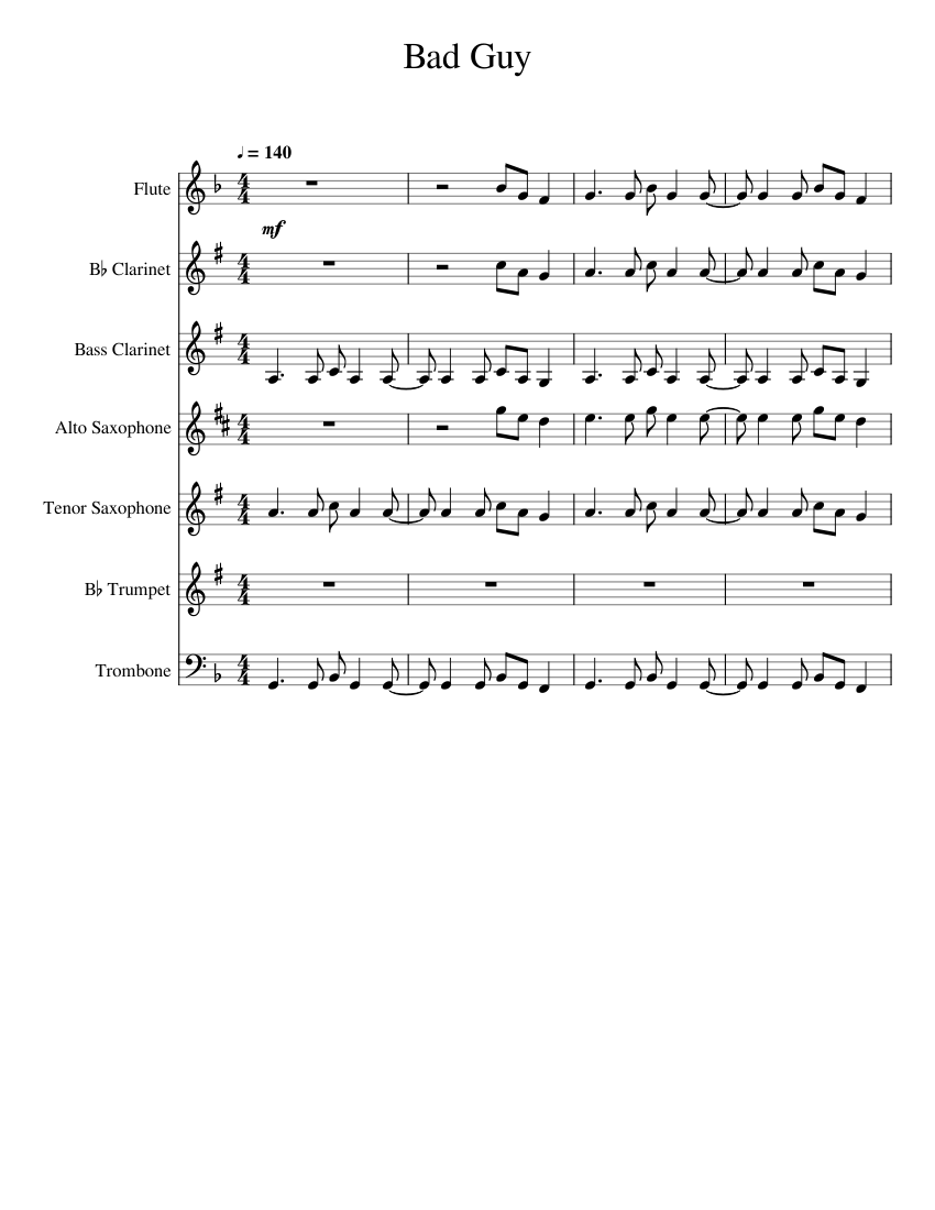 Bad Guy Sheet music for Trombone, Flute, Clarinet in b-flat, Clarinet ...