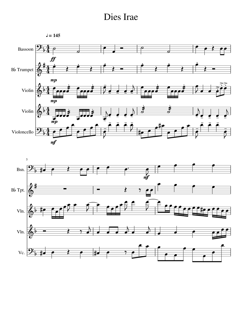 Dies Irae Sheet music for Bassoon, Trumpet in b-flat, Violin, Cello ...
