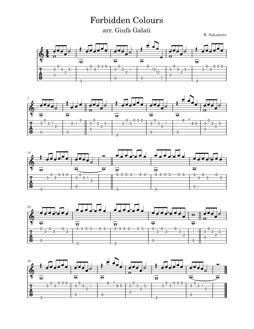 Forbidden Colours – Ryuichi Sakamoto Sheet Music and Tab for Guitar ...