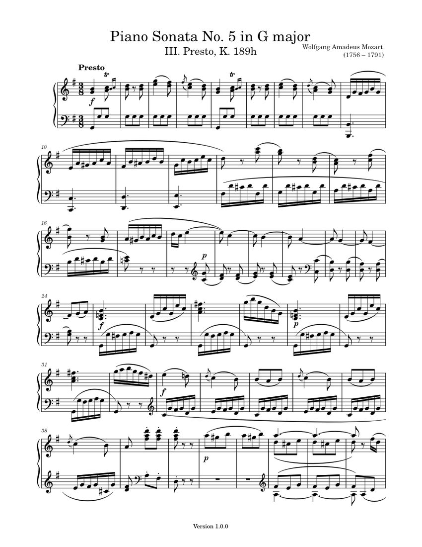 [III. Presto] Piano Sonata No. 5 in G major, K. 189h – W. A. Mozart ...