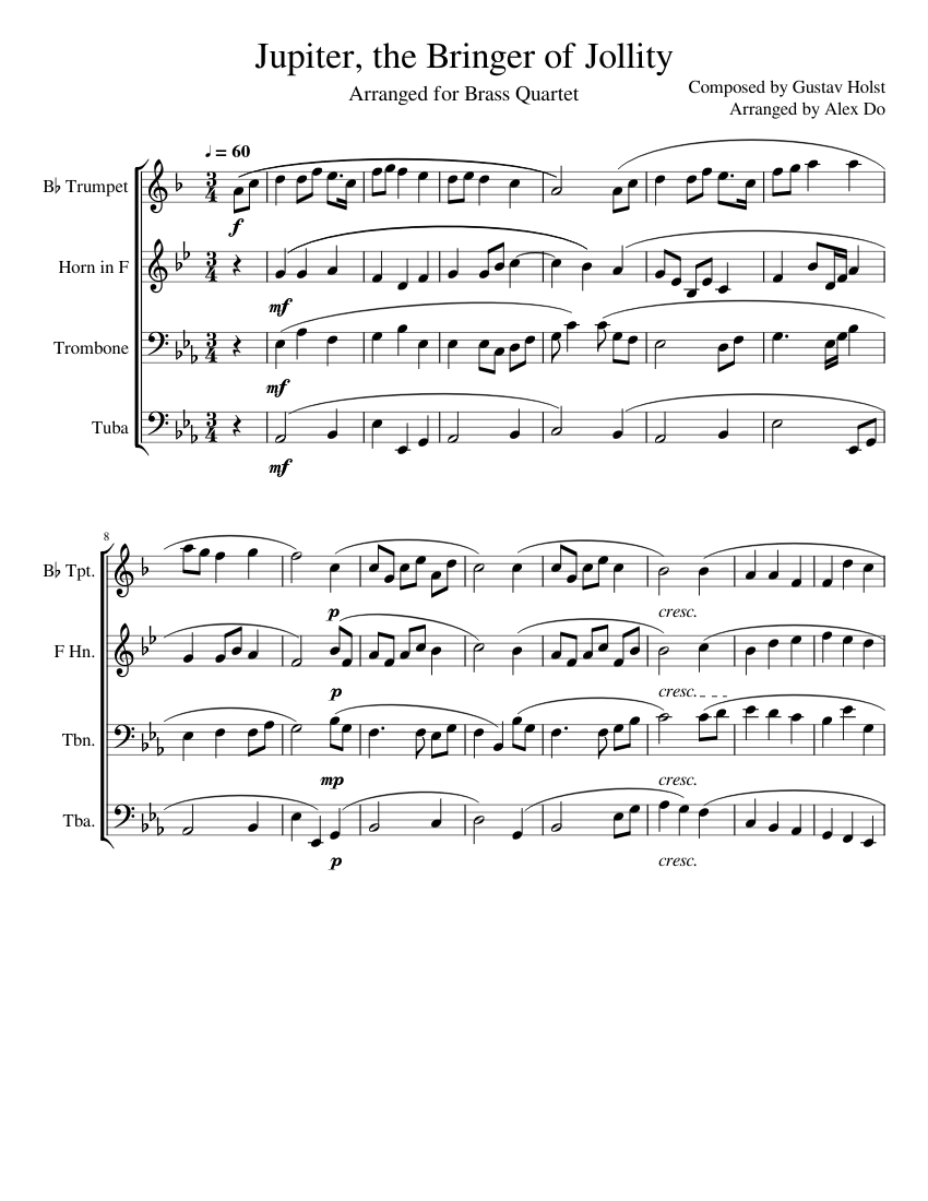 Jupiter, the Bringer of Jollity - for Brass Quartet Sheet Music for ...
