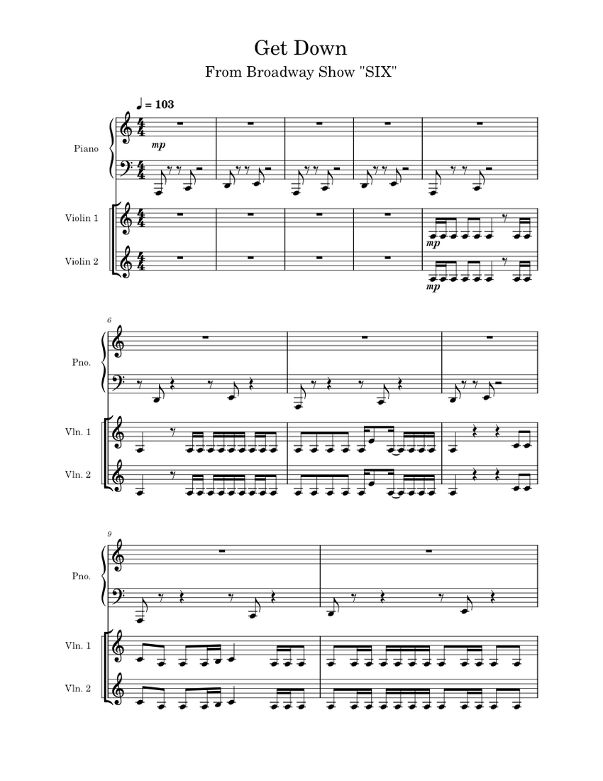 Get Down – SIX, Genesis Lynea Get Down Sheet Music for Piano, Violin ...
