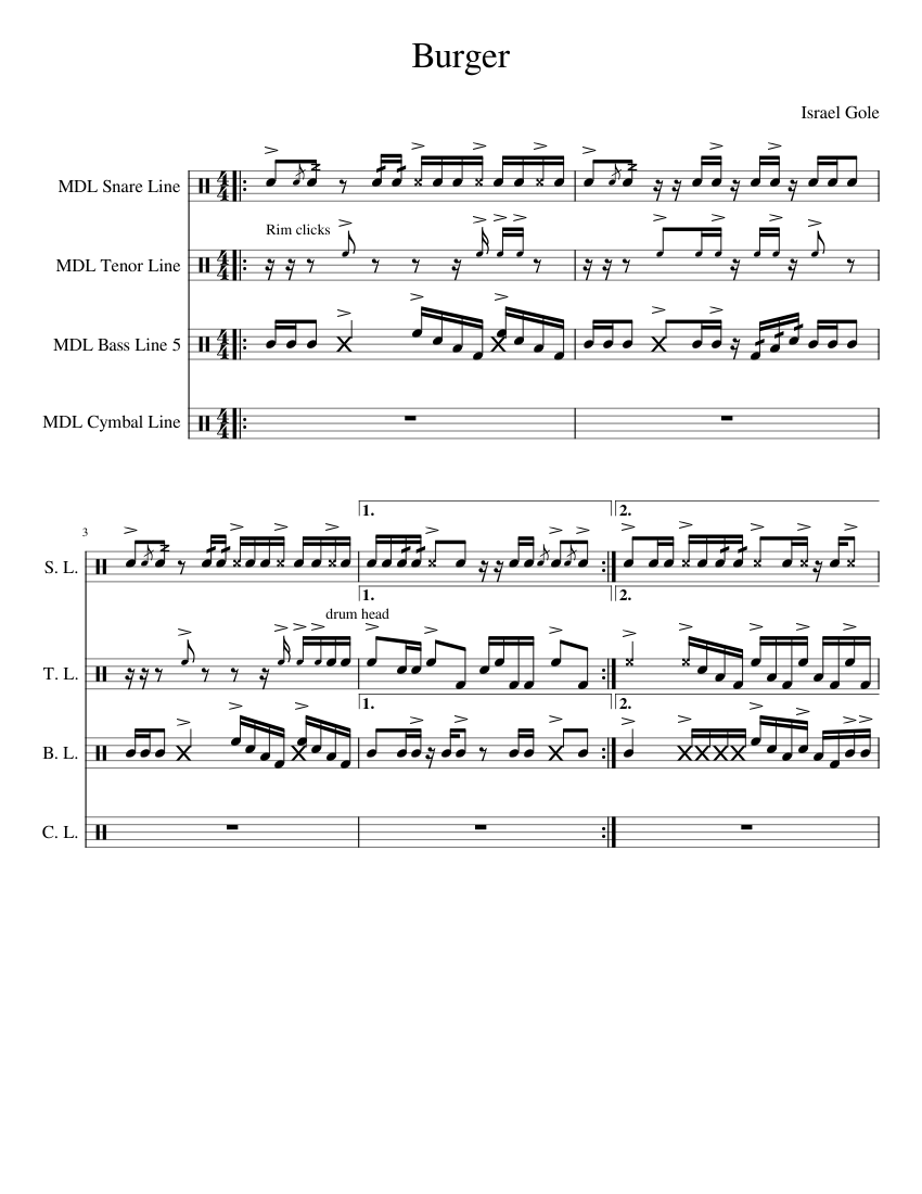 Burger Sheet music for Snare drum, Crash, Tenor drum, Bass drum ...