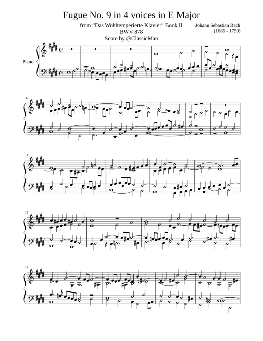 Bach - WTC II - Prelude & Fugue No. 9 in E Major (BWV 878) Sheet Music ...