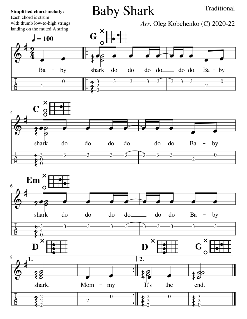 Baby Shark – Ukulele Sheet Music and Tab with Chords for Ukulele (Solo ...