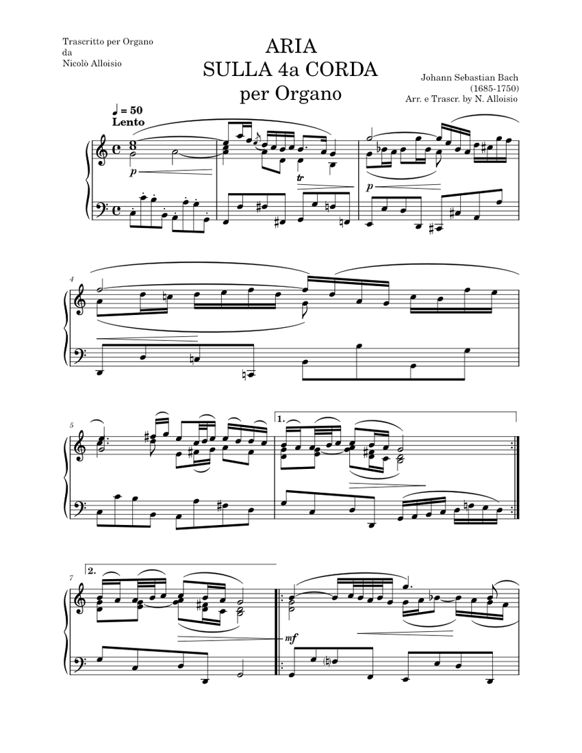 Aria Sulla 4a Corda (per Organo), J.S. Bach Sheet Music for Organ (Solo ...