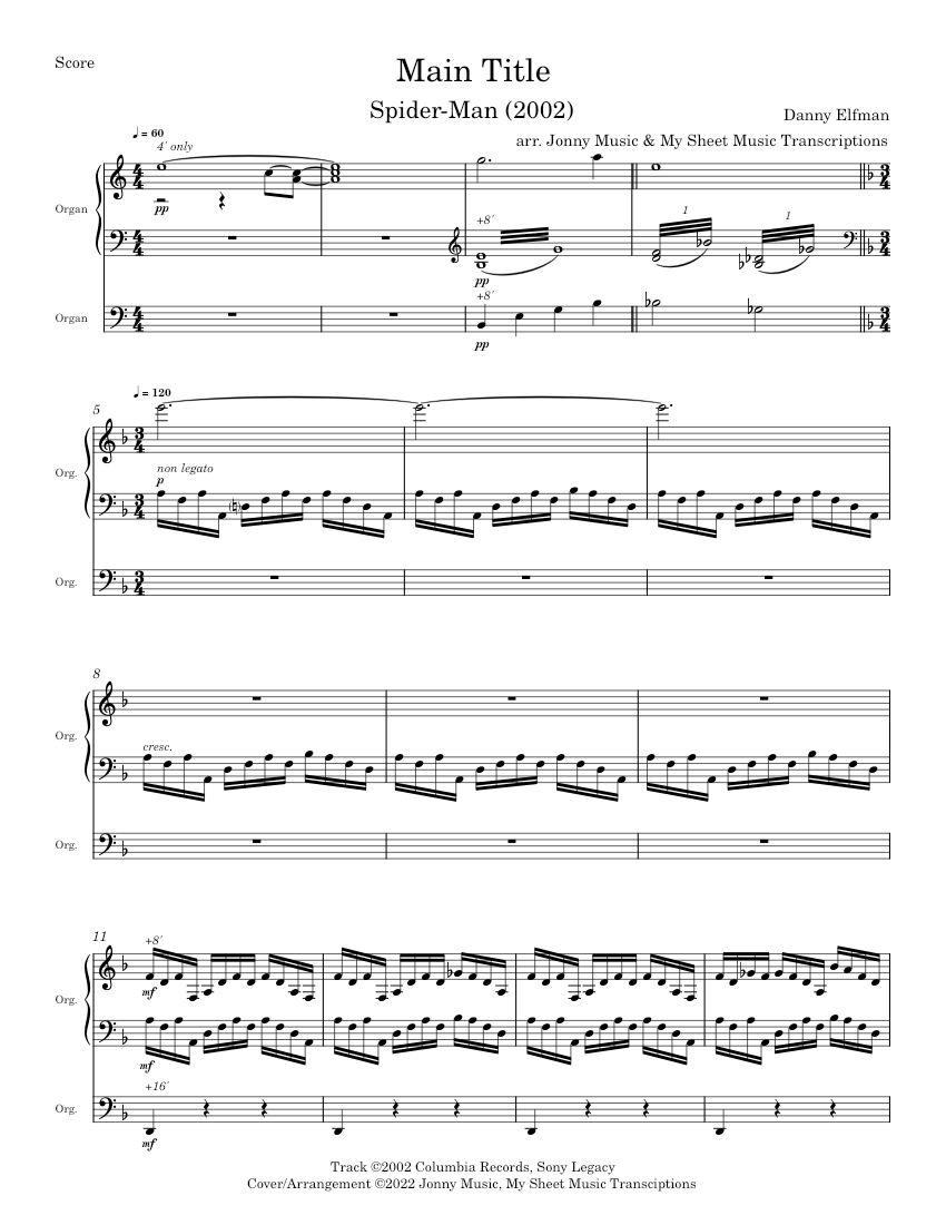 Main Title (Spider-Man (2002)) Organ Cover [PREVIEW] Sheet Music for ...