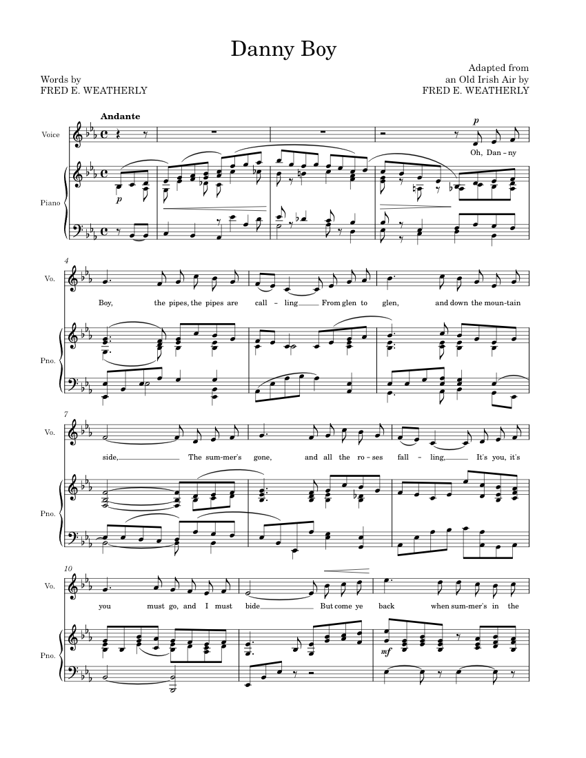 Danny Boy Sheet Music for Piano, Vocals (Piano-Voice) | MuseScore.com