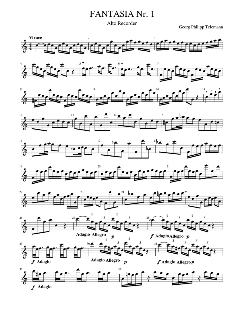 G. P. Telemann, FANTASIA Nr. 1 Sheet Music for Recorder (Solo ...