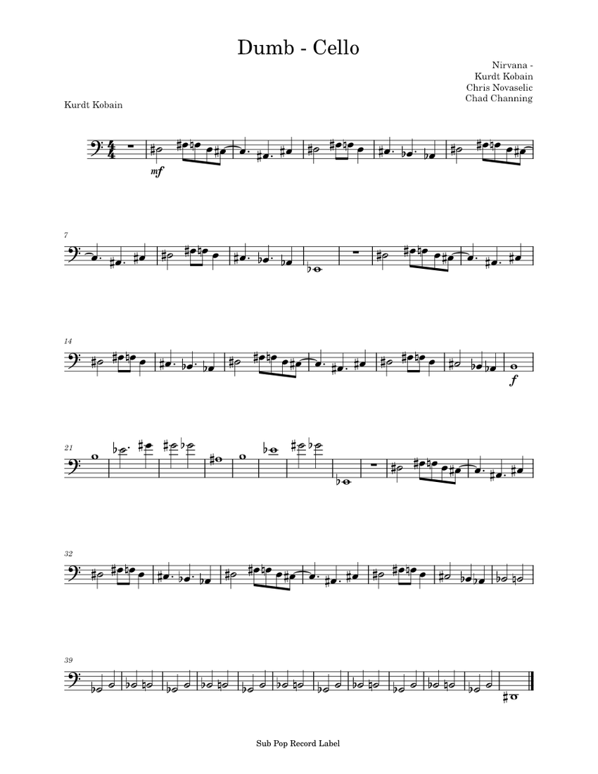 Dumb – Nirvana Dumb Cello Sheet music for Cello (Concert Band ...