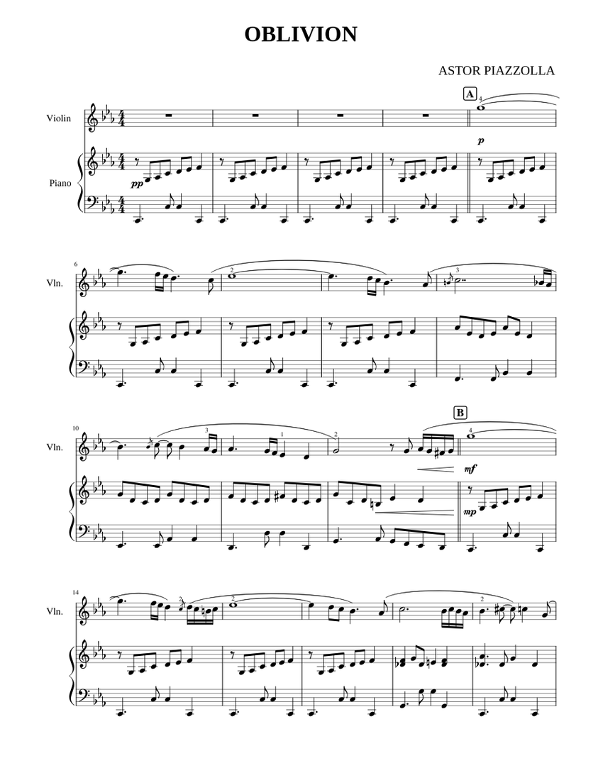Oblivion – Astor Piazzolla Sheet Music for Piano, Violin (Mixed Duet ...