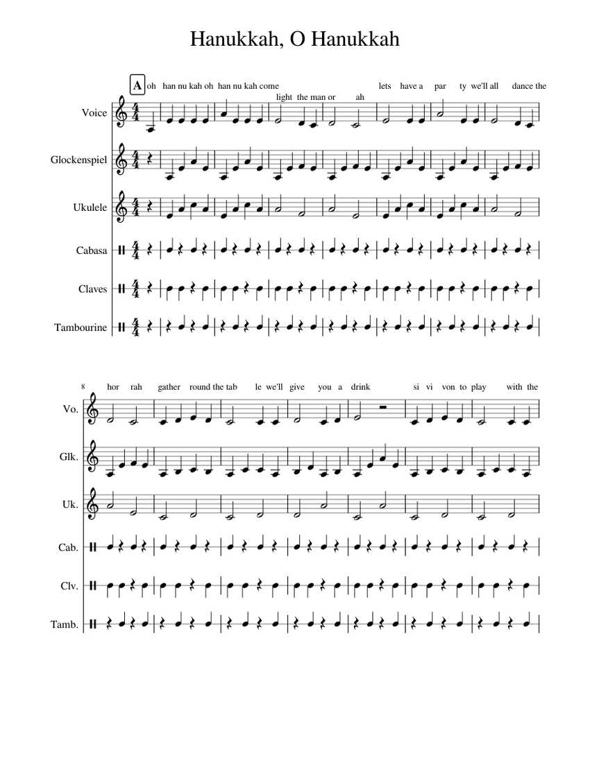 Hanukkah, O Hanukkah Sheet music for Vocals, Tambourine, Glockenspiel ...