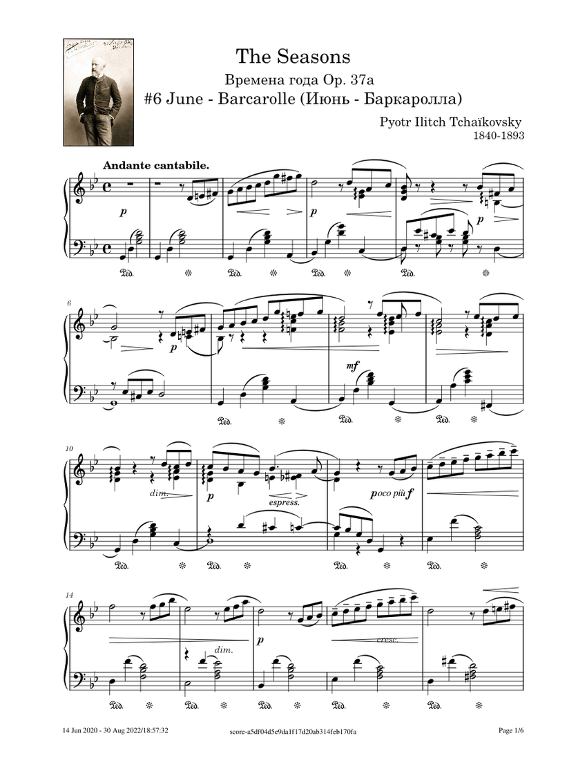 The Seasons, Op.37a, No.6,June – Pyotr Ilyich Tchaikovsky Sheet music ...