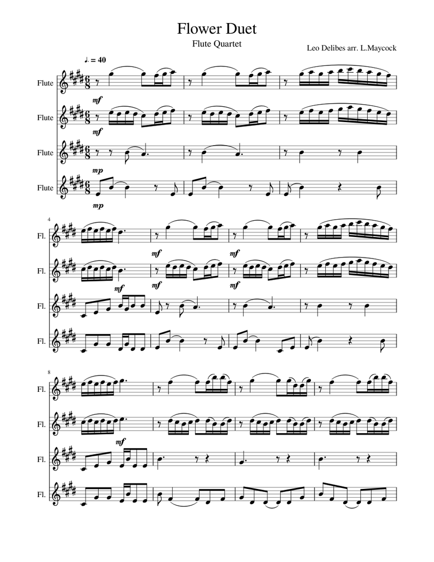 Flower Duet (Flute Quartet) Sheet Music for Flute (Woodwind Quartet ...
