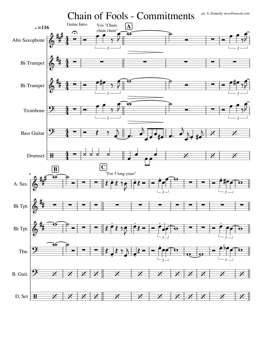 Chain of Fools - The Commitments Sheet Music for Trombone, Saxophone alto, Trumpet in b-flat ...