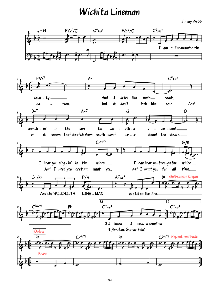 Wichita Lineman (Lead sheet with lyrics ) - piano tutorial