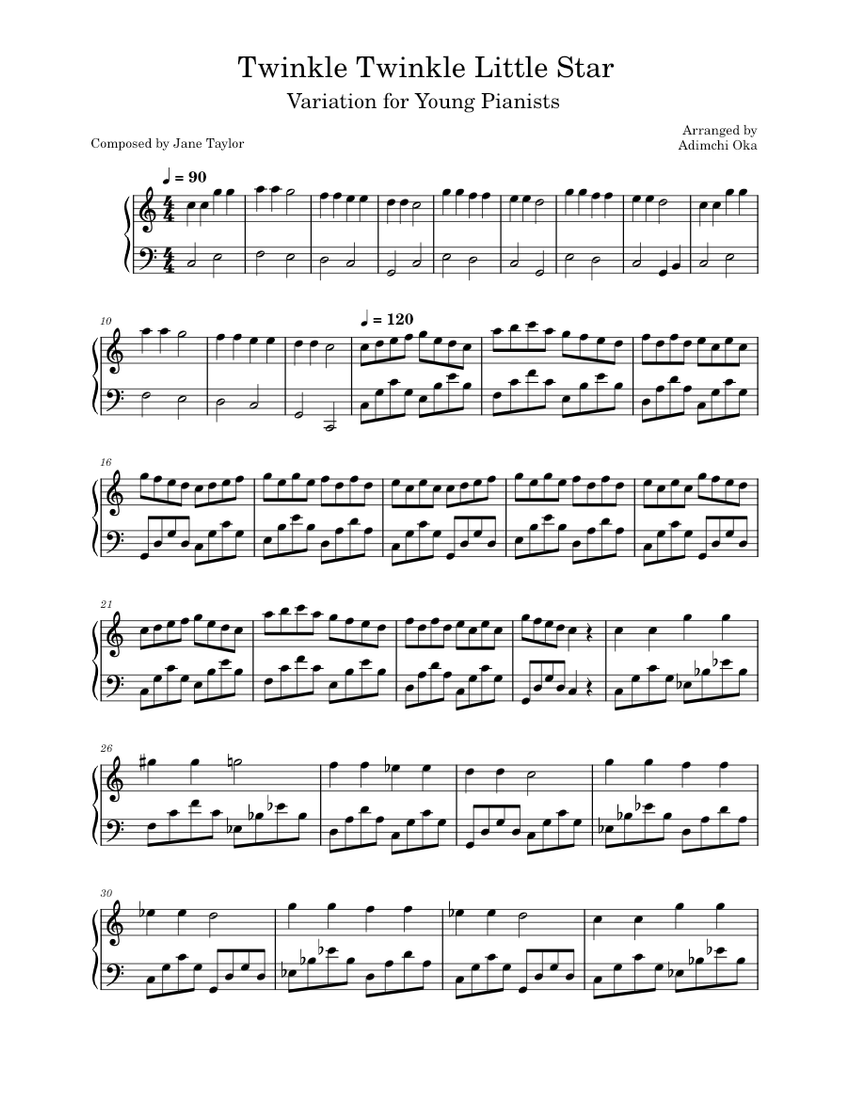 TWINKLE, TWINKLE, LITTLE STAR – Jane Taylor Sheet music for Piano (Solo ...